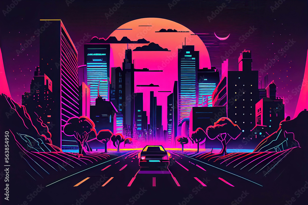 City skyline with car as retro 80s synthwave design illustration ...