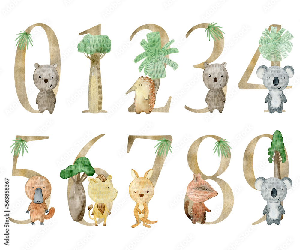 Watercolor australian animals letters for invitation card, nursery ...
