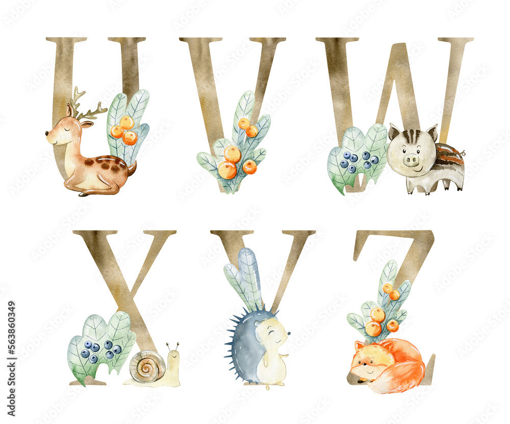 Watercolor woodland animals letters for invitation card, nursery poster ...