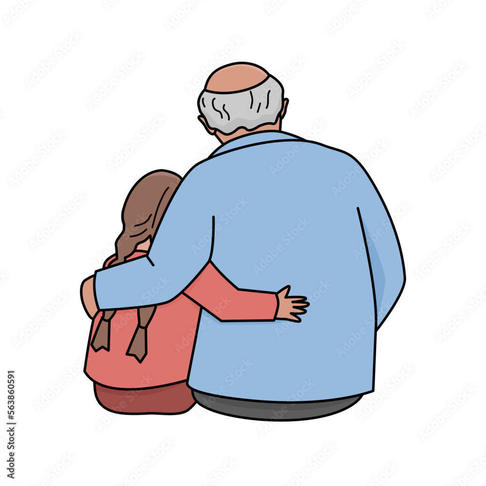 Grandfather is hugging a granddaughter. Back view. Vector isolated ...