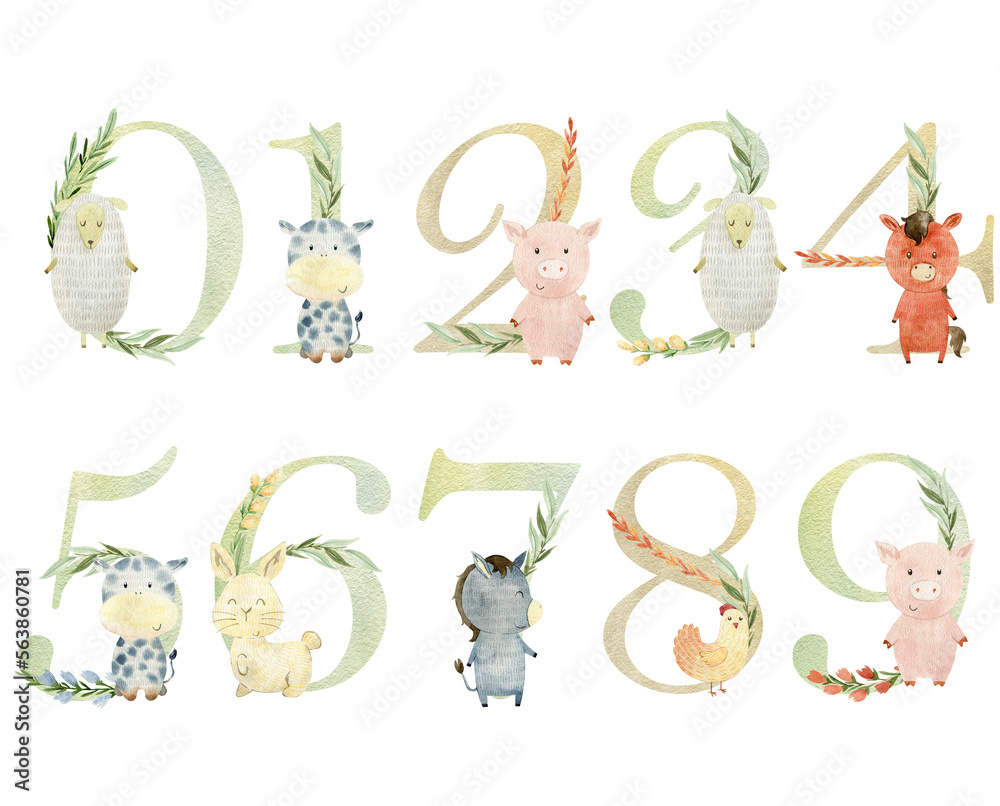 Watercolor farm animals numbers for invitation card, nursery poster and ...