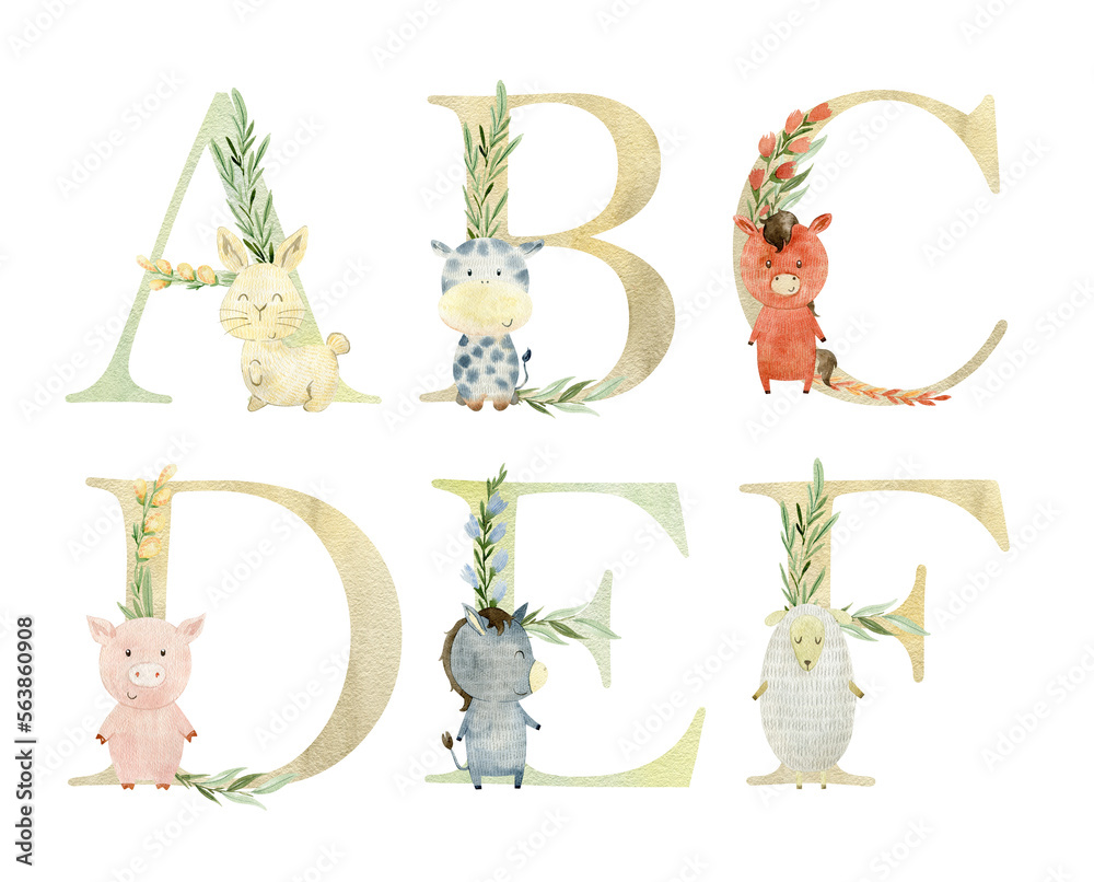 Watercolor farm animals letters for invitation card, nursery poster and ...