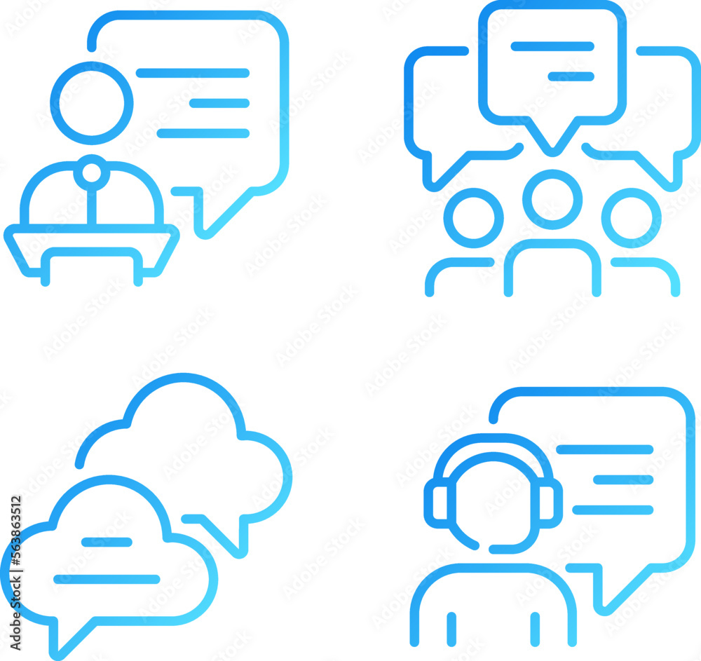 Speech bubbles in different spheres pixel perfect gradient linear vector icons set. Public ...