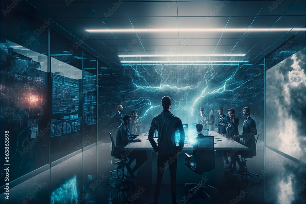 Group of people at secret service meeting, futuristic office with ...