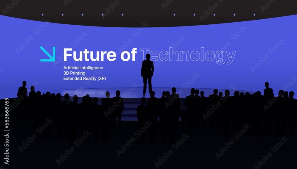 Modern tech conference scene with big screens. Event stage with speaker ...