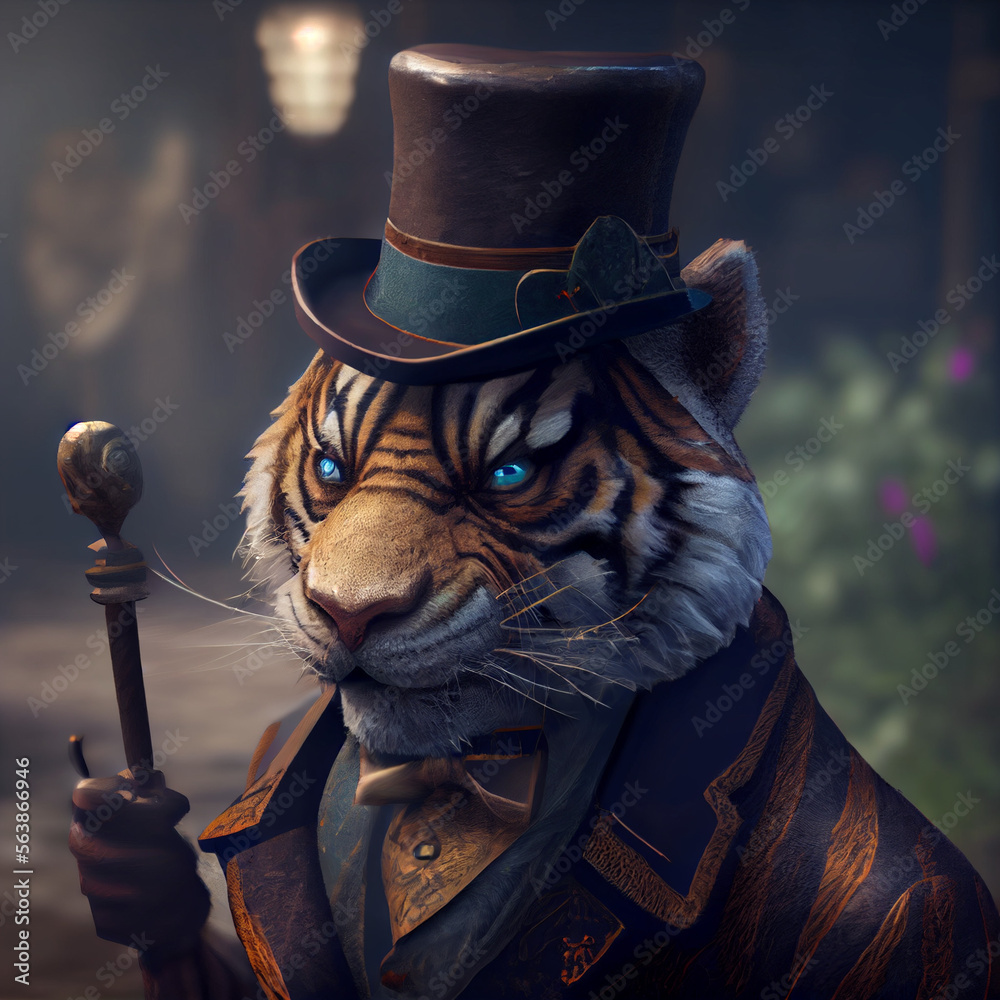 Evil tigerwearing a top hat and a cane, outside a cabin Stock ...
