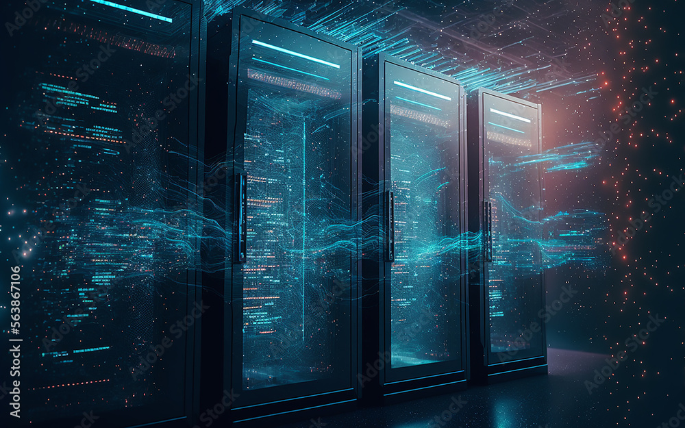 data center with server racks in the corridor room. with blue lighting ...