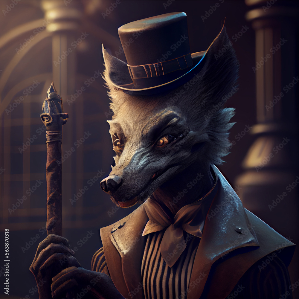 Evil hyena wearing a top hat and a cane, standing in old house Stock ...
