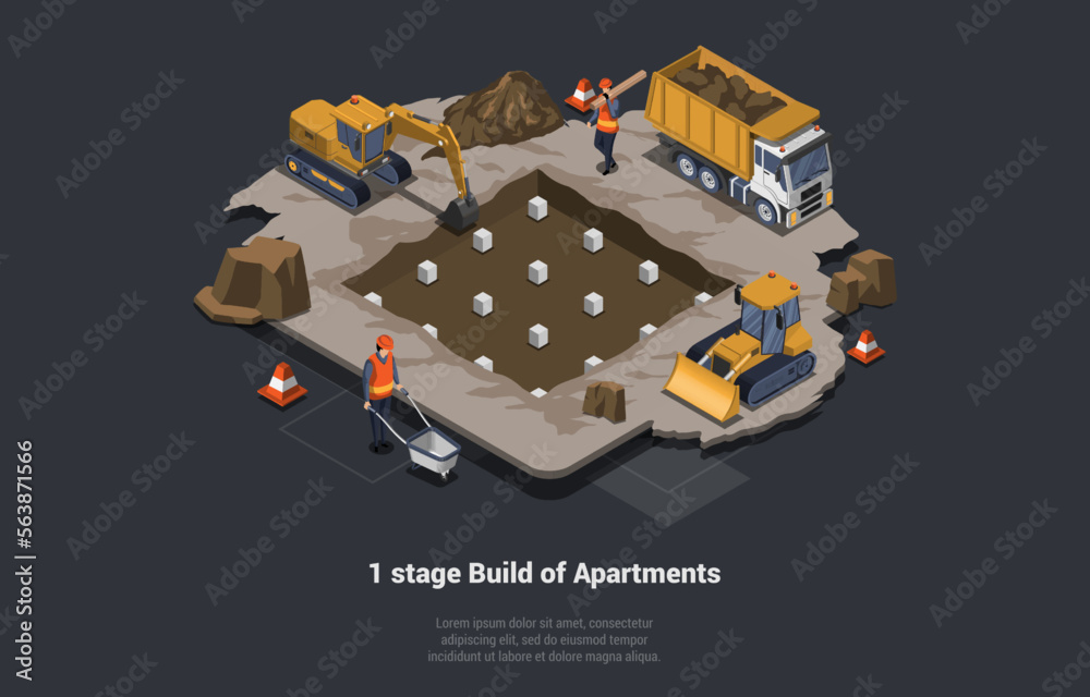 Vetor de Concept Of House Building Stages And Foundation Work ...