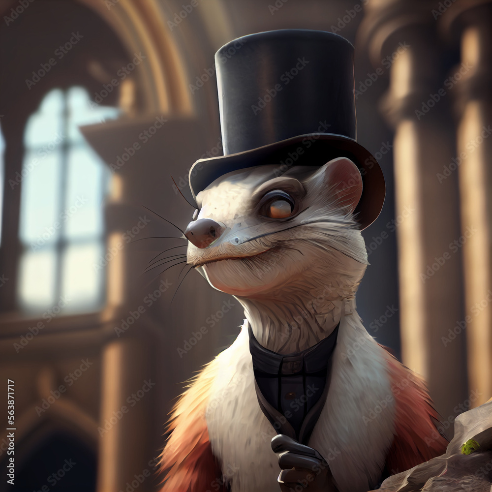 Evil stoat wearing a top hat and a cane, standing inside a grand room ...