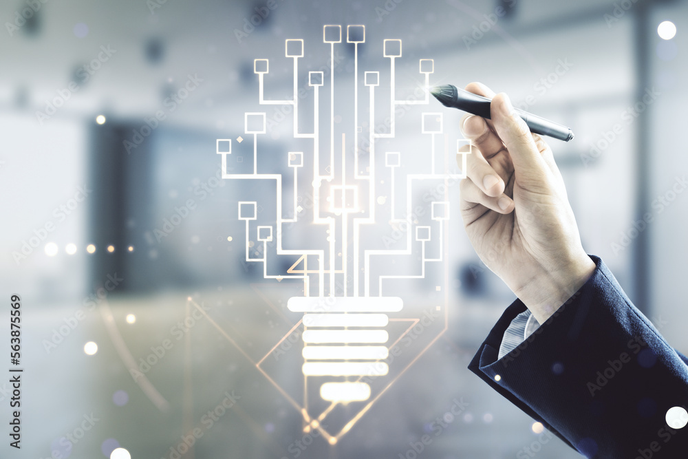 Man hand with pen working with virtual creative idea concept with light ...