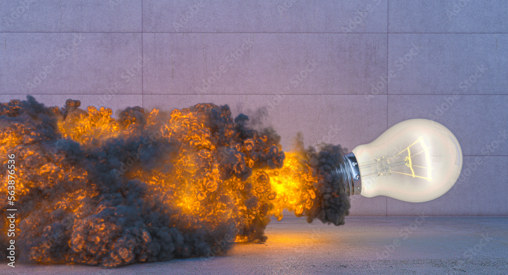 light bulb with flame and smoke, concrete background. Stock Photo ...