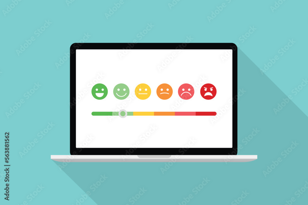 smile rating on laptop screen with bar choose survey customer ...