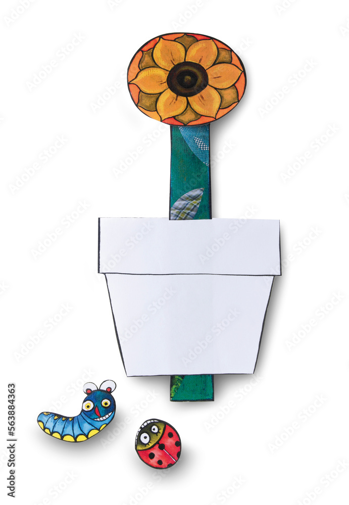Flor de papel sobre tiesto hecha de papel. Paper flower on a pot made ...