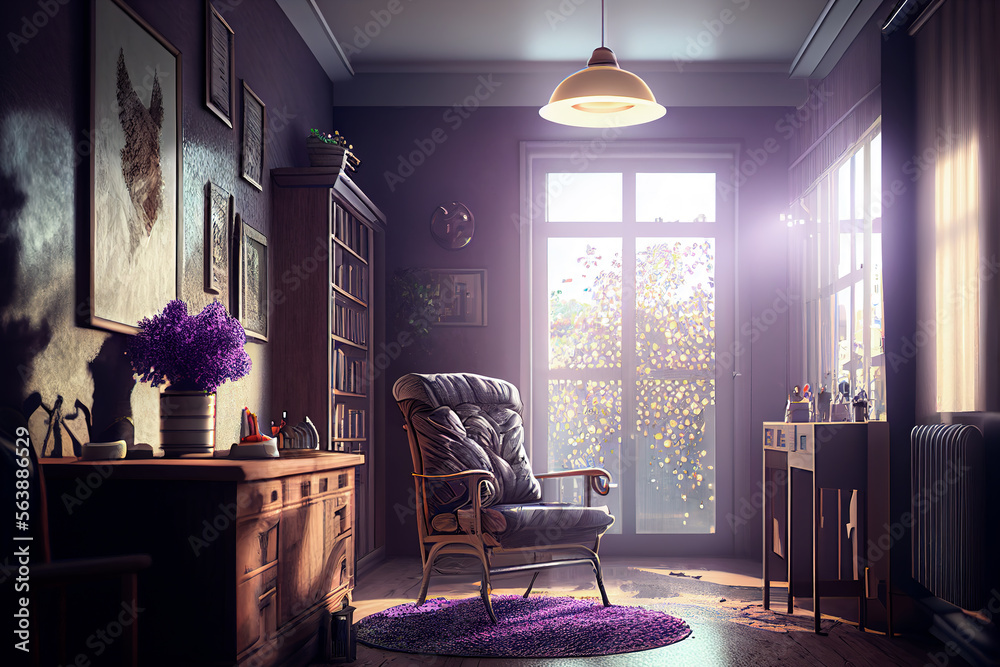 Empty armchair in a lonely living room without people. Feeling of ...