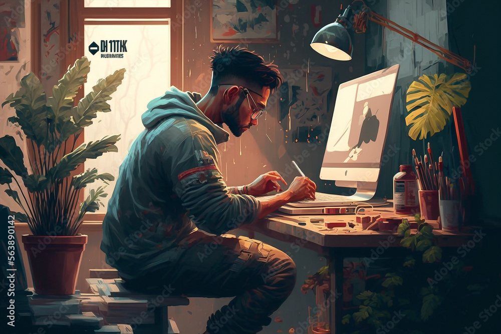 Cartoon style illustrator of a digital painter at work - AI generative ...