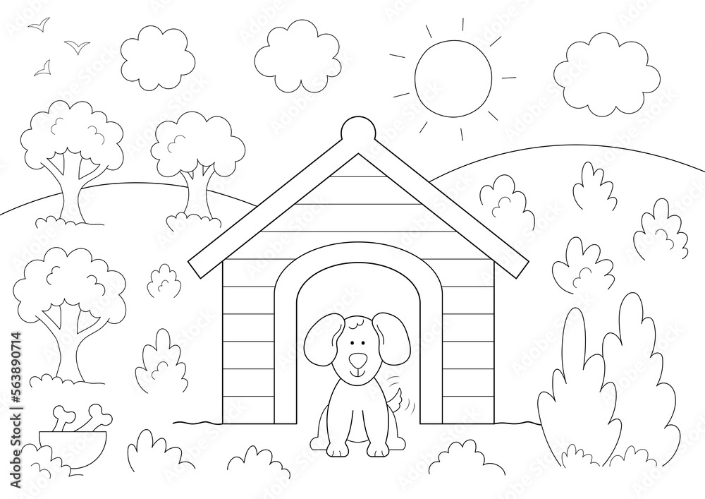 cute dog in front of its house. coloring page for kids that you can ...