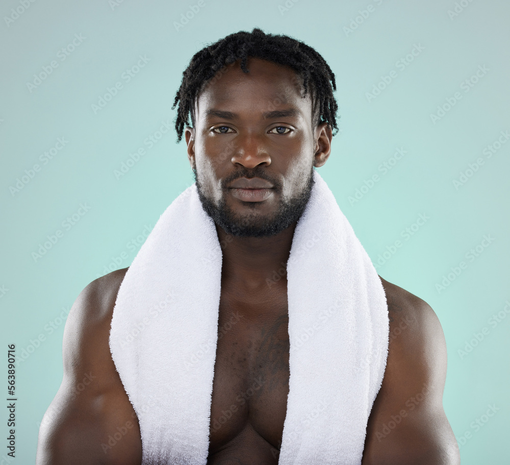 Black man, skincare and portrait of face with towel for beauty, hygiene ...