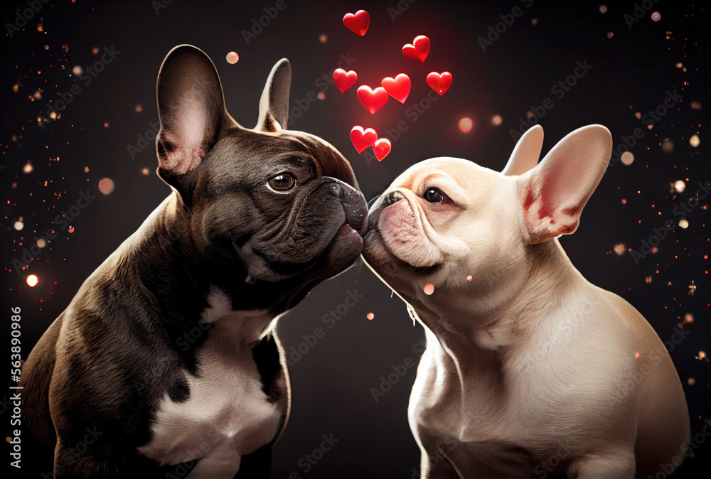 French bulldogs couple kissing with red heart icon emotion background ...