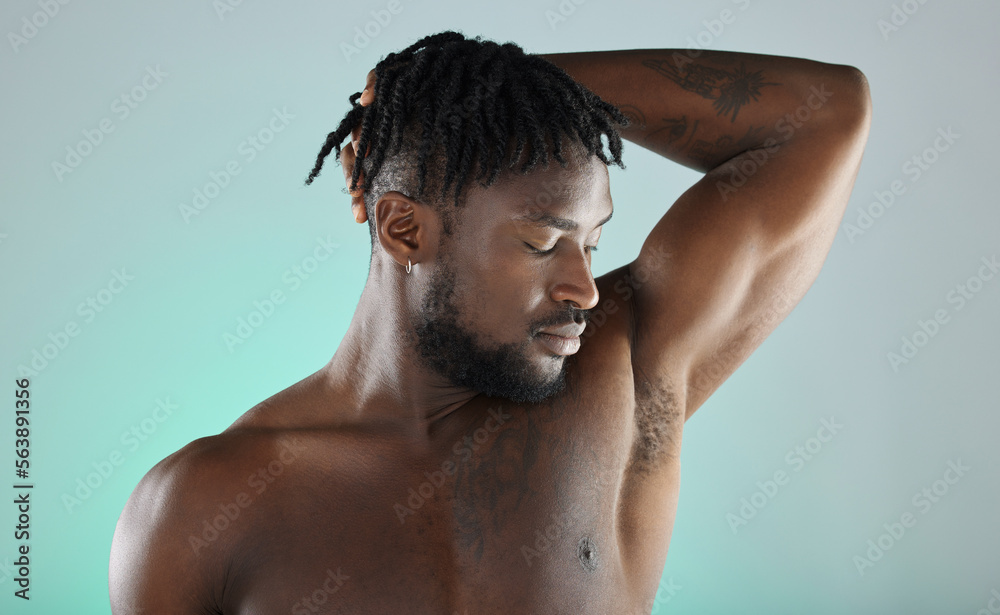Armpit, wellness and black man with skincare hygiene or grooming ...