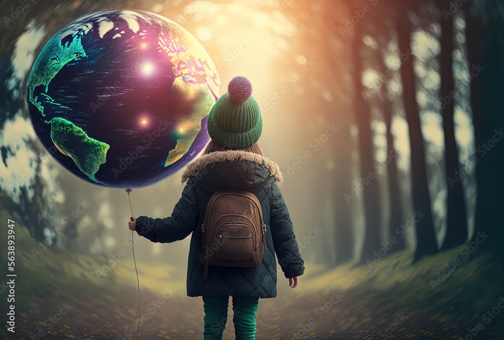 illustration of cute kid boy or girl with big earth planet balloon ...