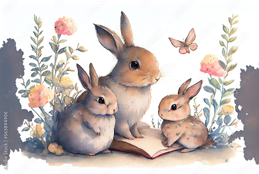 Rabbit family spends time together reading a book on white background ...