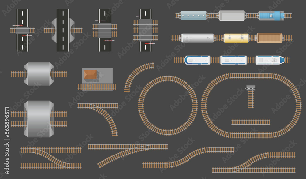 Vetor de Set of railway parts and trains top view for city map ...