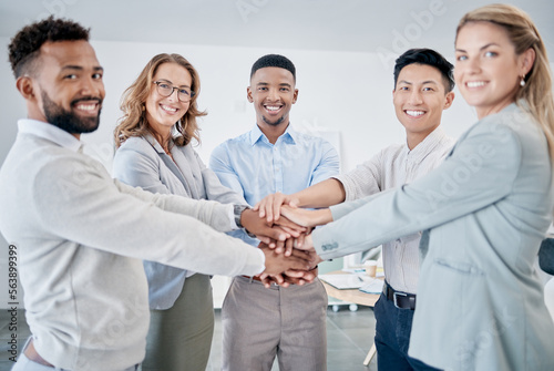 Portrait, stack of hands and business people in celebration of success ...