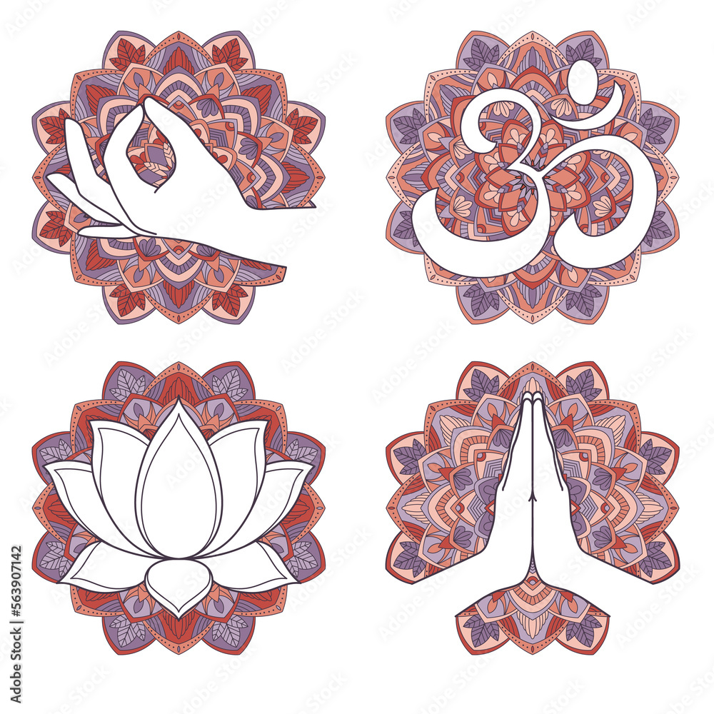 Collection of buddhism symbols on ornate background - namaste, lotus ...