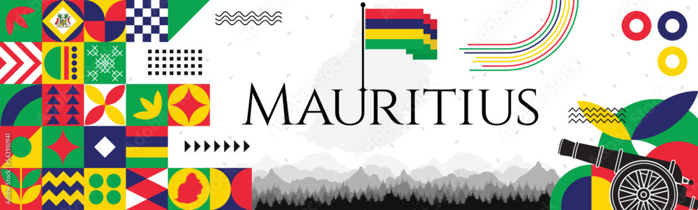 MAURITIUS INDEPENDENCE DAY banner with name and map. Flag color themed ...