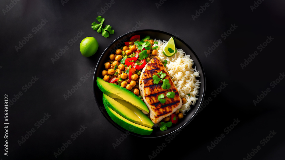 Food bowl with rise and steak on black background for website ...
