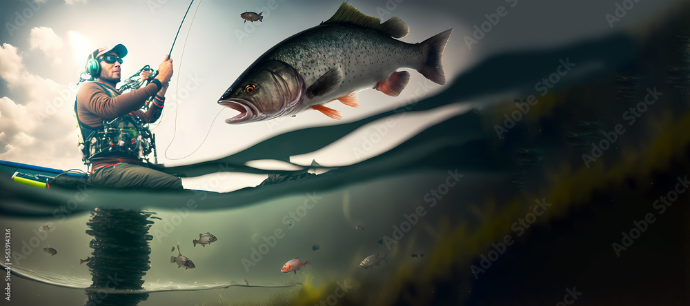 Fishing sport banner. Fisherman and fish trout action, underwater view ...