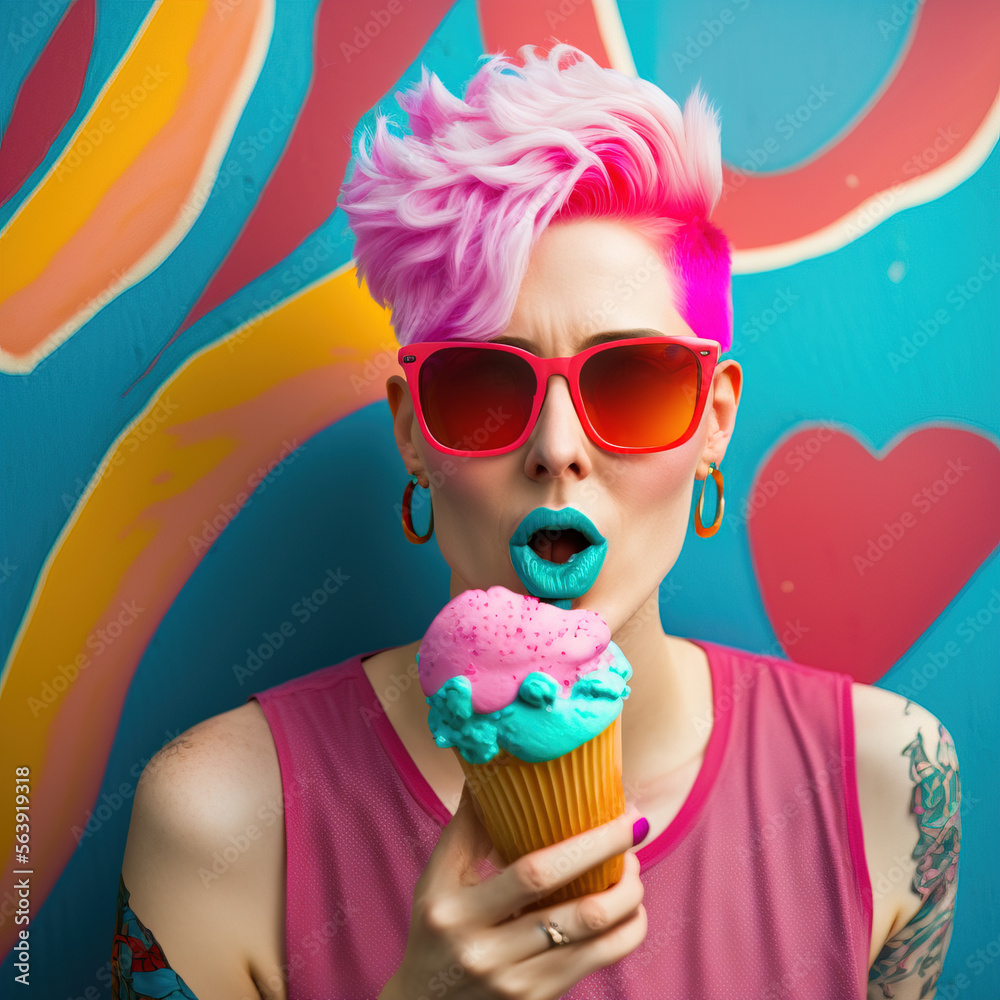 Profile of a young, fashionable girl who has a short haircut, vivid ...