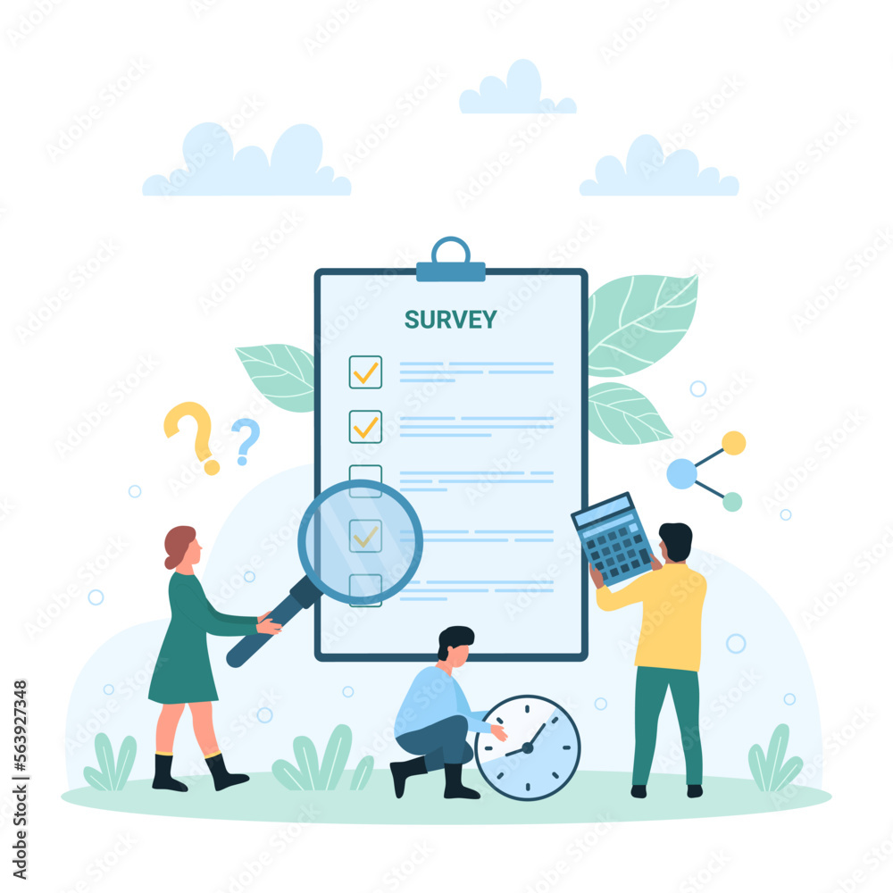 Survey research set vector illustration. Cartoon tiny people look ...
