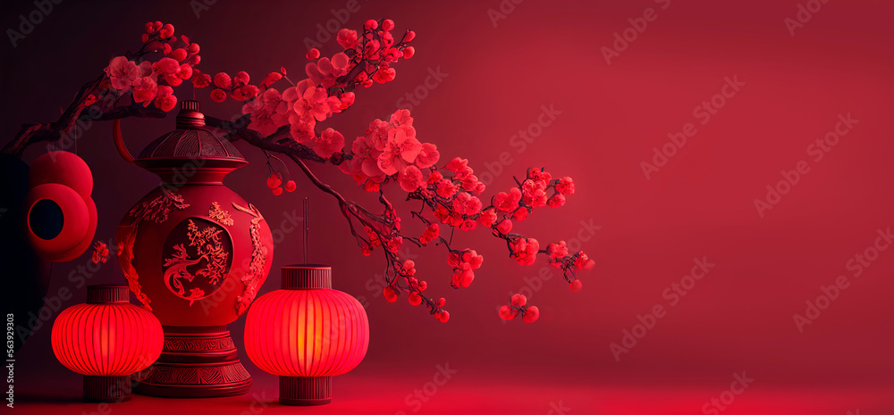 Chinese new year wallpaper with cherry blossom flowers and traditional ...