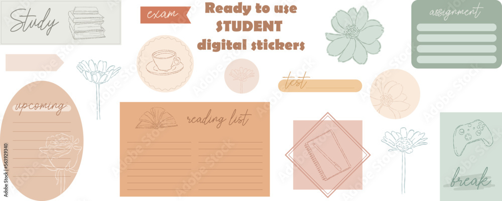 Student's digital stickers. Digital note papers and stickers for ...
