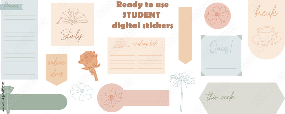 Student's digital stickers. Digital note papers and stickers for bullet ...