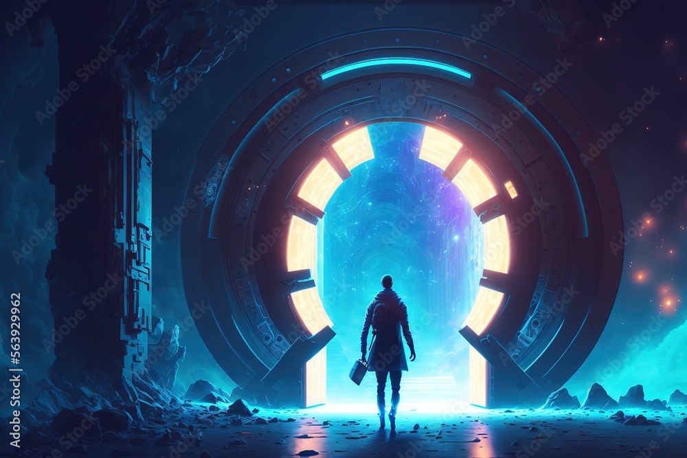 Adventurer walking through a giant gate to another world, fantasy art ...