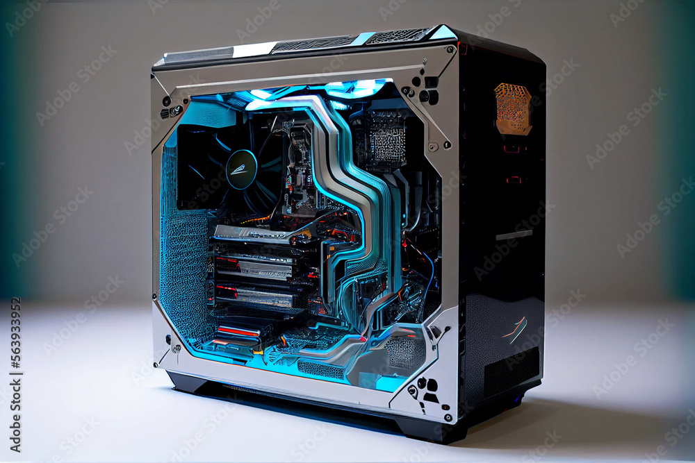 ภาพประกอบสต็อก Futuristic Gaming PC Case: A Vibrant and Professional 3D ...