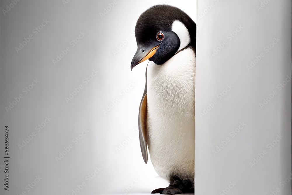 Sad penguin is standing around the corner, against a white background ...