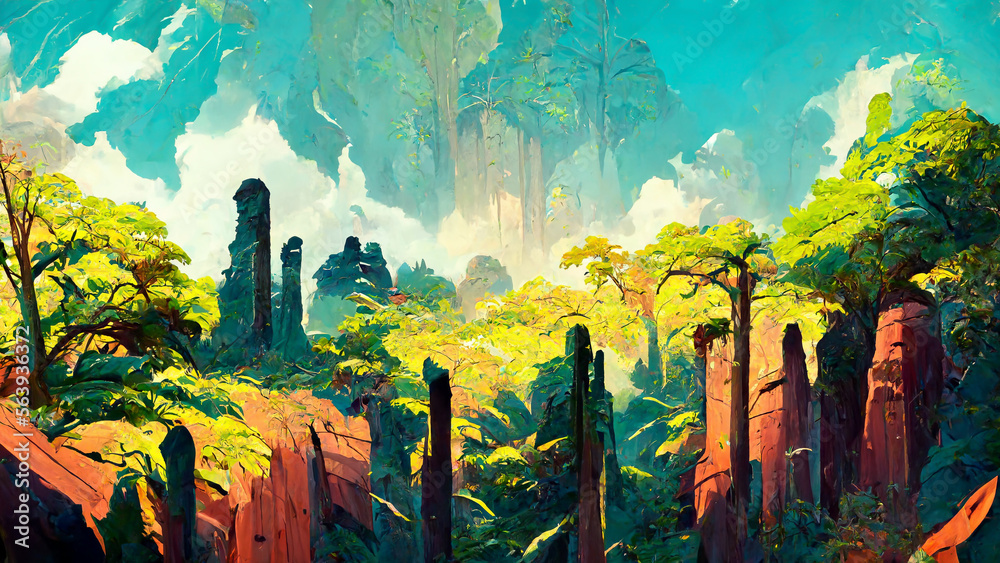 forest Mayan style adventures scene illustration art Generative AI ...