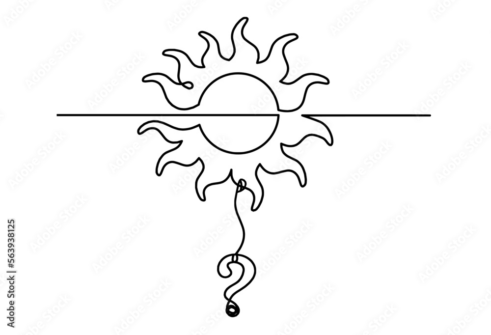 Abstract sun with question mark as line drawing on white background ...