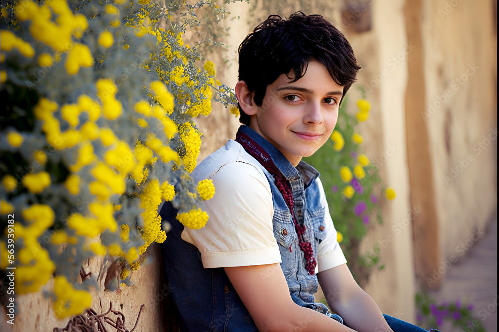 Fictional Person, cute happy european boy leaning against a wall, belt ...