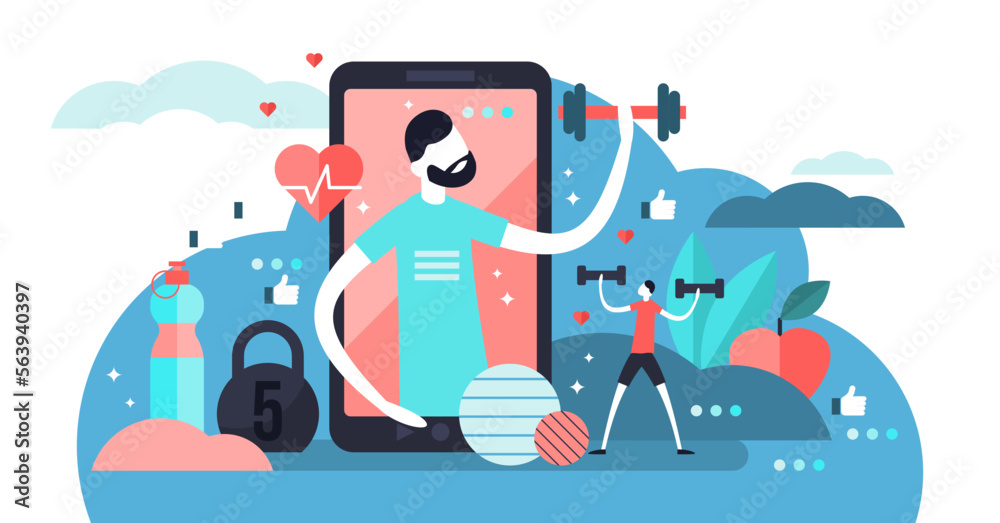Fitness app illustration, transparent background.Flat tiny virtual ...