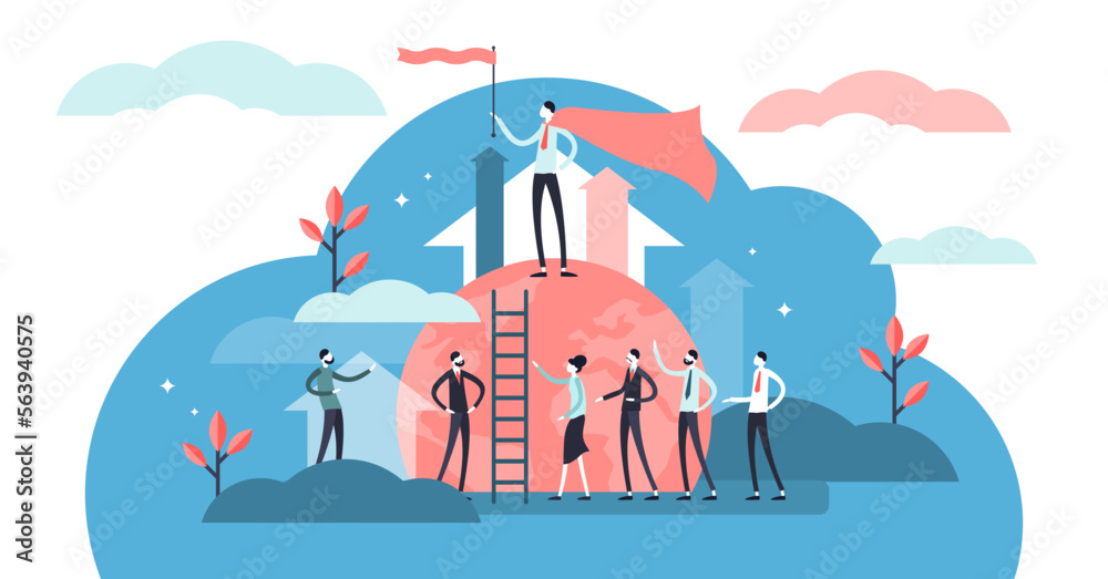 Leading illustration, transparent background. Flat tiny business team ...