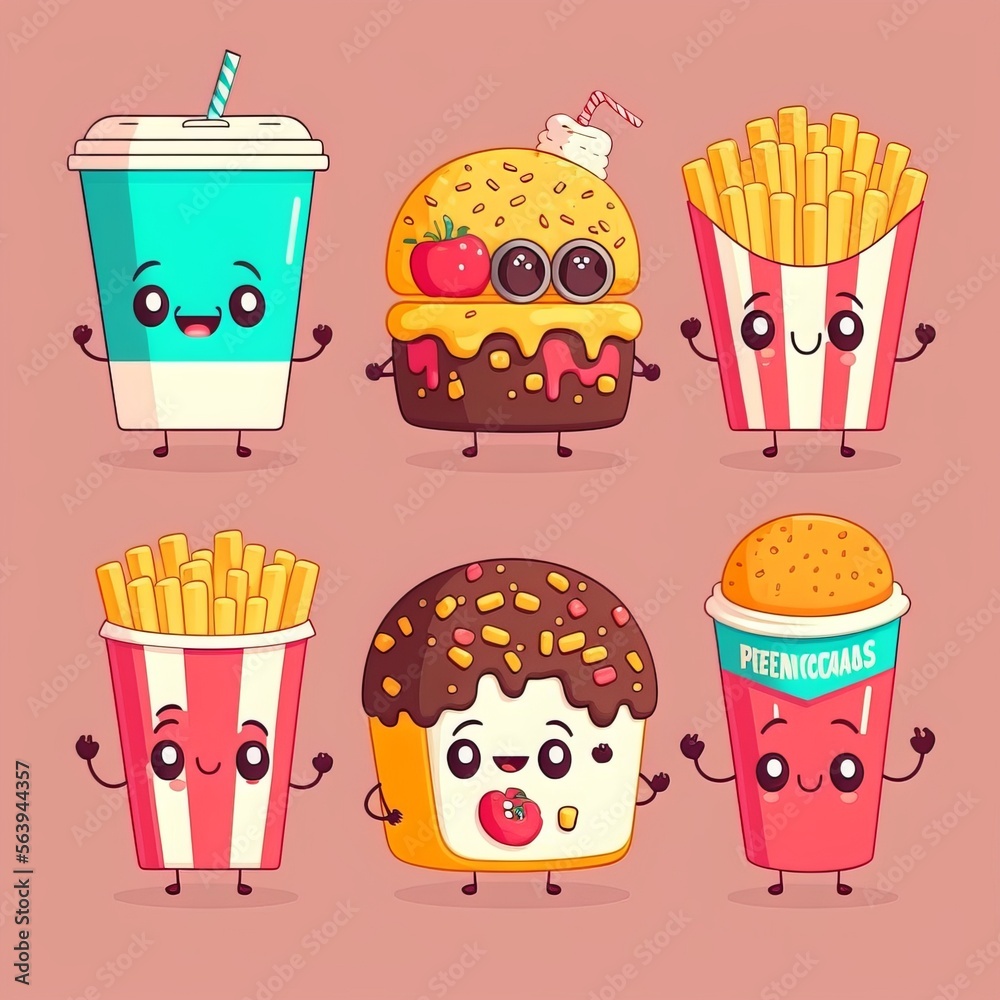 Cute cartoon fast food characters Stock Illustration | Adobe Stock