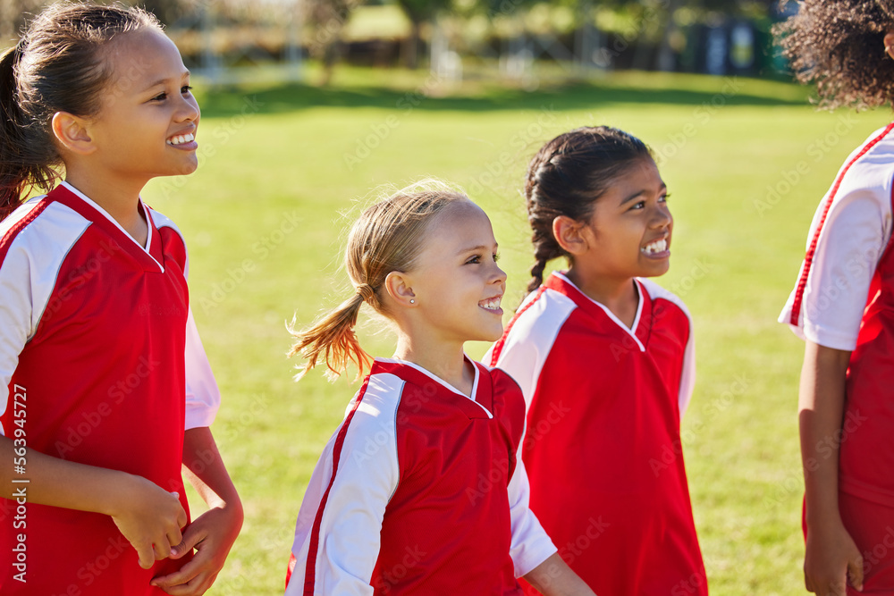 Girl, soccer group and field with smile, team building or solidarity at ...