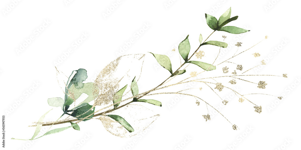 Greenery arrangement watercolor painted. Bouquet with branches, green ...