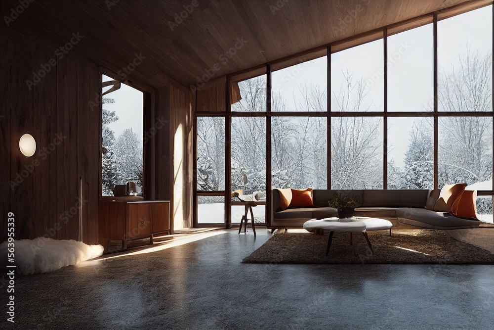 Cozy warm mid century modern cabin living room interior with floor to ...