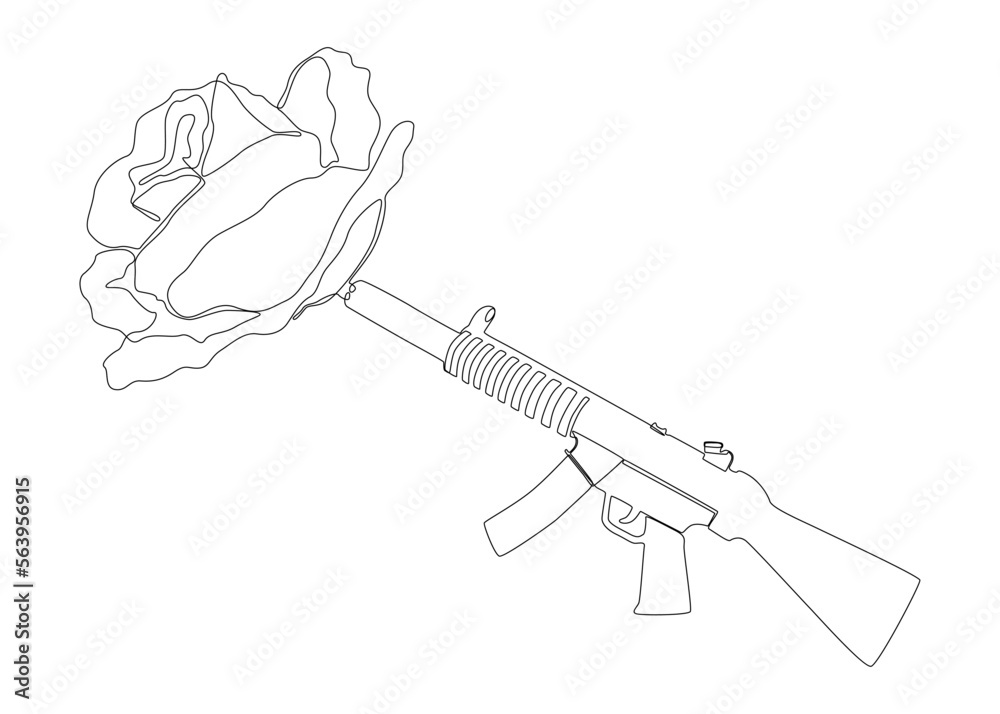 One continuous line of a Machine Gun with Rose. Thin Line Illustration ...